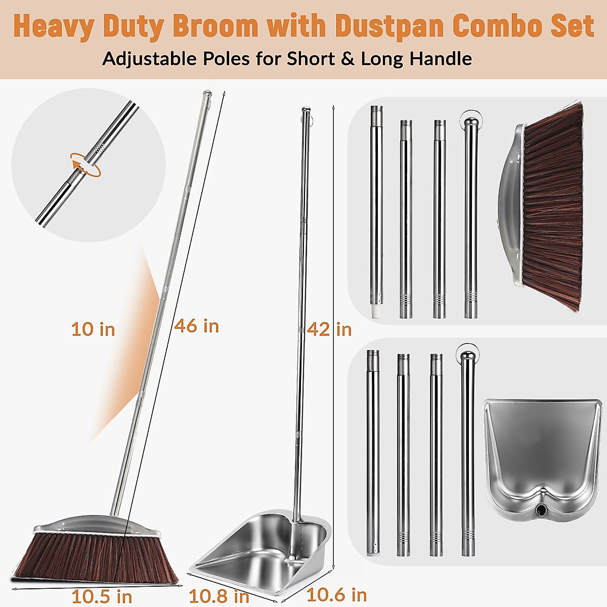 VOOWO Broom with Dustpan Combo Set, 46" Stainless Steel Broom and Dustpan Set for Home, Heavy Duty Dust Pan with Long Handle, Broom for Sweeping Indoor and Outdoor, Kitchen Broom and Dust Pan (Brown)