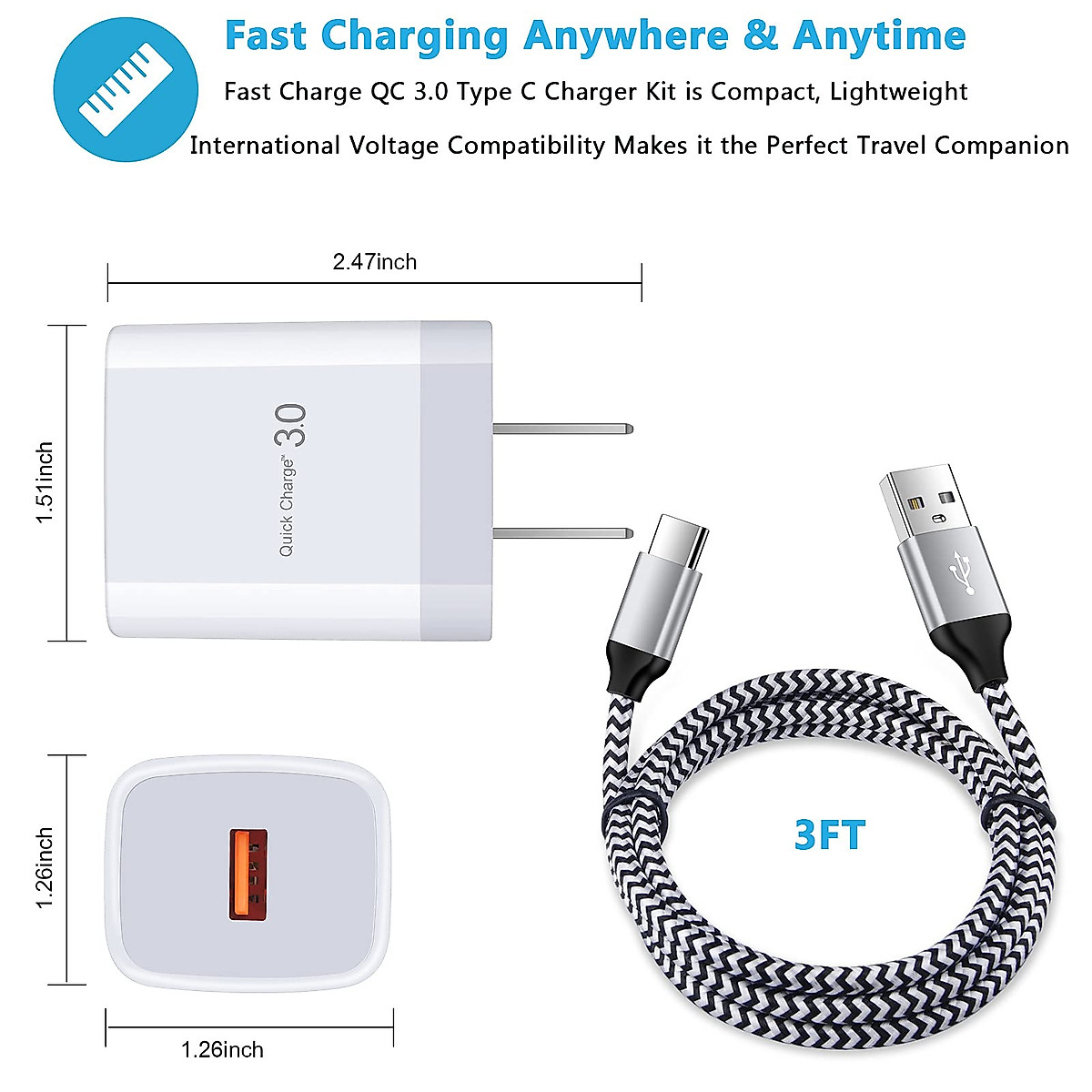 Type C Charger Fast Charging Block Cable 3FT for Samsung Galaxy S23 S22 S21 Ultra S20 A53 A13 A02S A12 A32 A20 S10,LG Stylo 6 5 K51 V60 ThinQ,Moto G Stylus/G Power/G Play,Quick Charge 3.0 Wall Charger