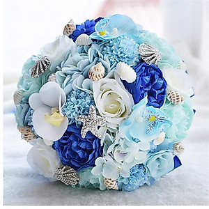 Wedding Bridal Bouquet Home Beach Seashell Wedding Bouquet Silk Roses Wedding Flowers Holding Tossing Flower Bride Rose Flowers Hydrangea Garden Bouquets Blue Beach Bouquet Starfish Bridal Bouquet