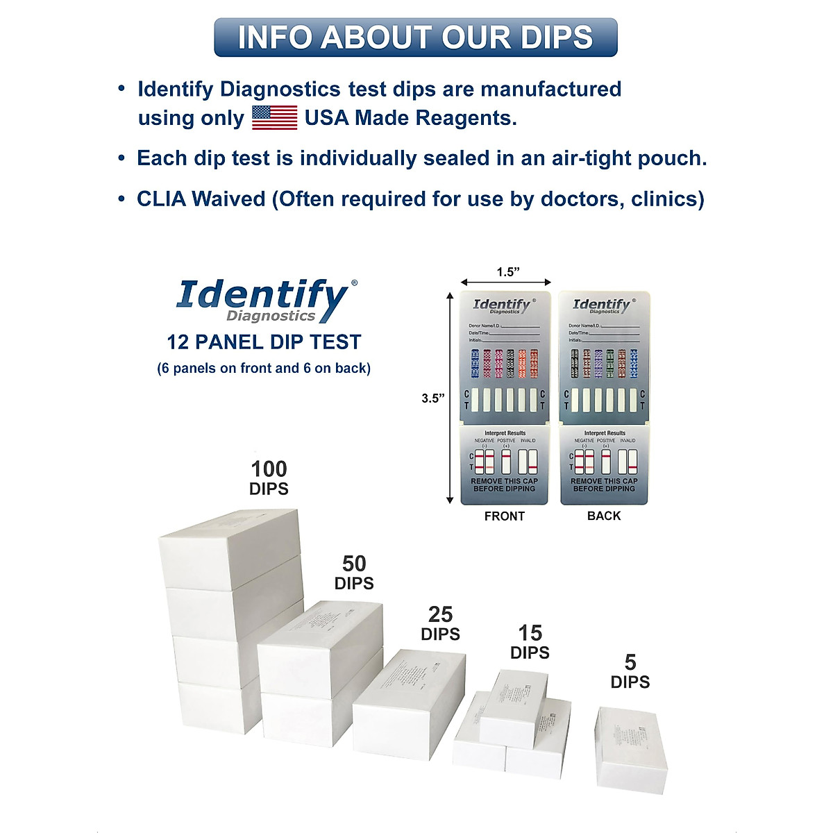 Identify Diagnostics Drug Test Cards - 100 Pack - 12 Panel CLIA Waived Instant Urine Drug Test Kit for AMP,BAR,BUP,BZO,COC,MDMA,MET,MOP/OPI,MTD,OXY,PCP,THC