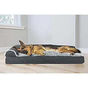 Furhaven XL Pillow Dog Bed Two-Tone Faux Fur & Suede L Shaped Chaise w/ Removable Washable Cover - Stone Gray, Jumbo (X-Large)