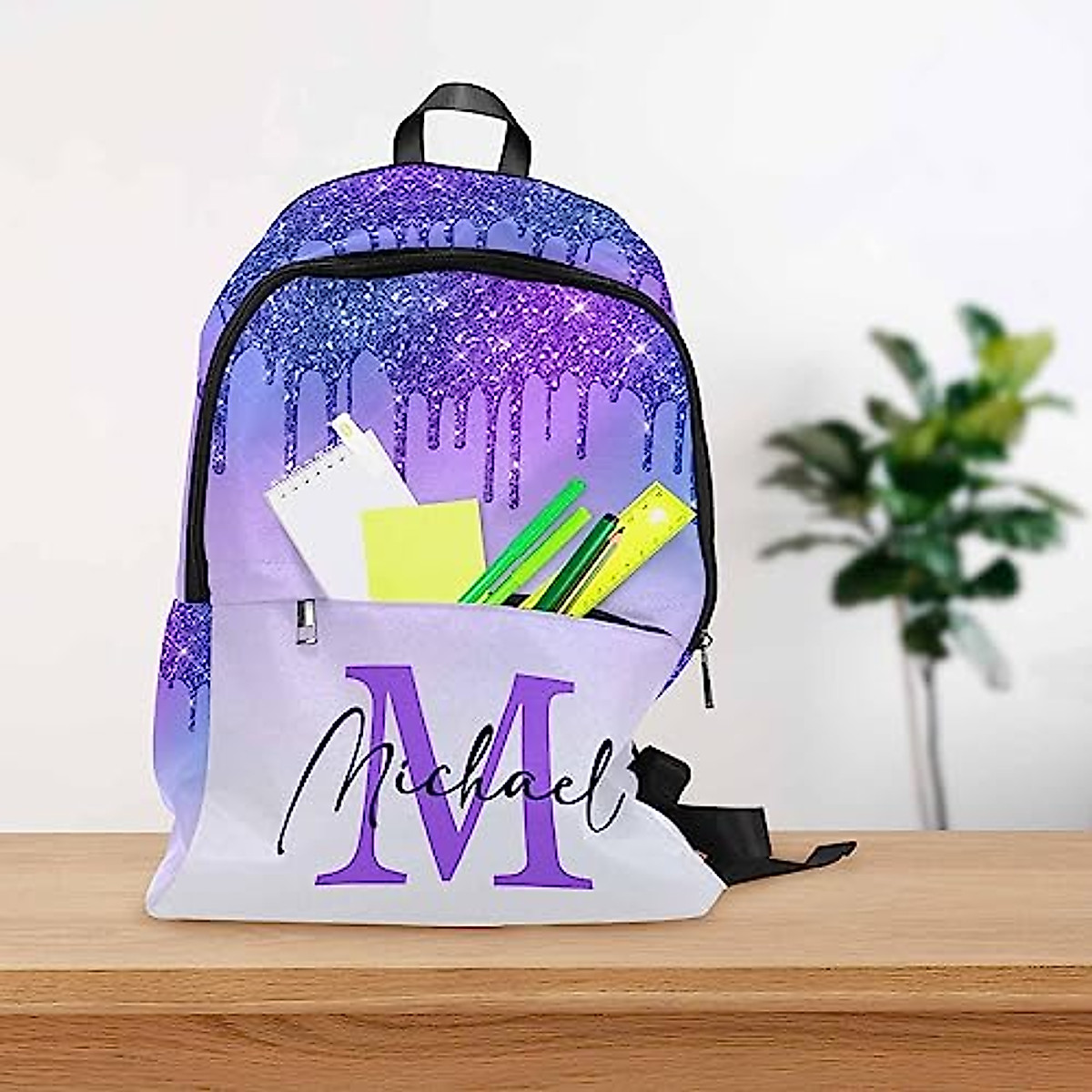 Personalized School Backpack for Daughter from Mom, Custom Gradient Blue & Purple Glitter Initial Logo Casual Daypacks Customized Travel Book Bag with Name Knapsack Schoolbag for Teens Boys Girls College