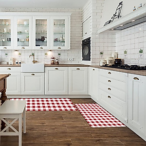 Libaoge Kitchen Mat Rug Set of 2 Red White Buffalo Plaid Runner Rug Anti-Fatigue Comfort Memory Foam Standing Mat Non-Slip Floor Door Mat for Bathroom Bedroom 16x24n+16x47in