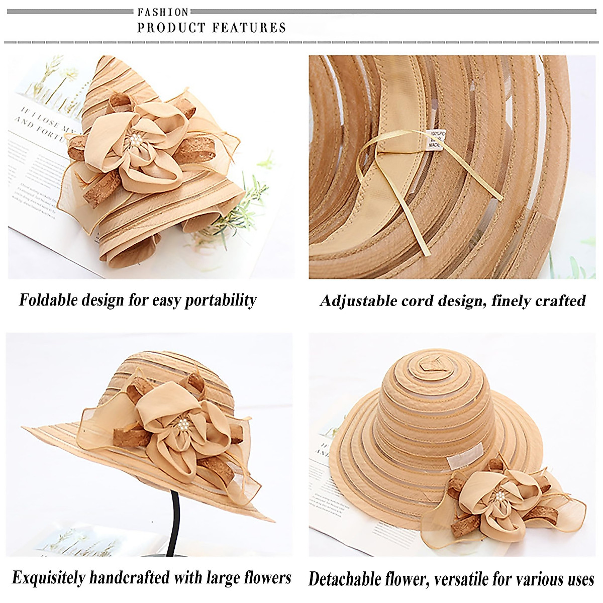 Kentucky Organza Wide Brim Sun Hat Summer Derby Hats for Tea Party Wide Brim Bowler Cap Khaki