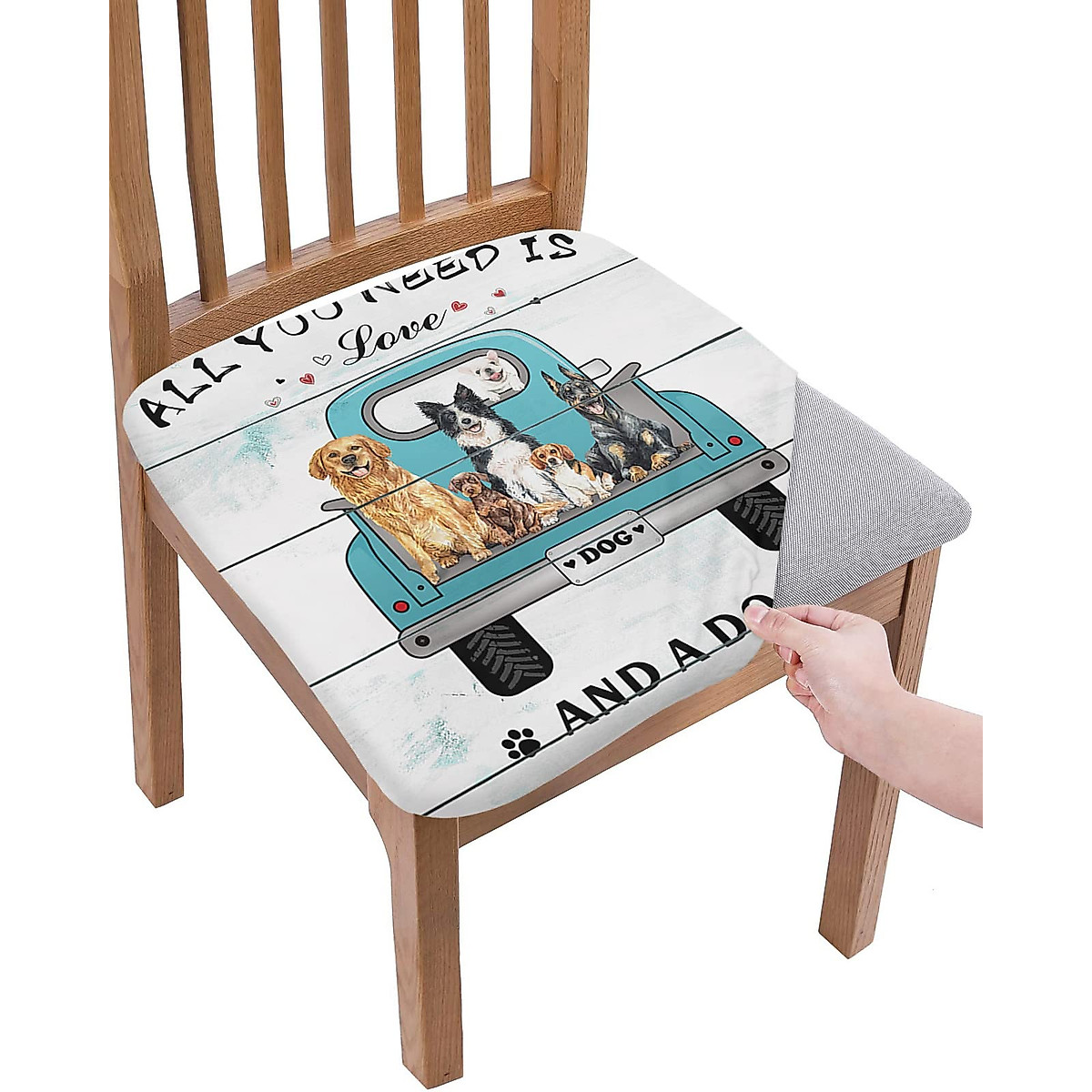 Blue Old Car with Kind of Puppies Seat Covers for Dining Chairs, Stretch Kitchen Chair Slipcovers, Retro Wooden Stripes Grain Dining Room Chair Covers Removable Office Chair Cover Protector Set of 6