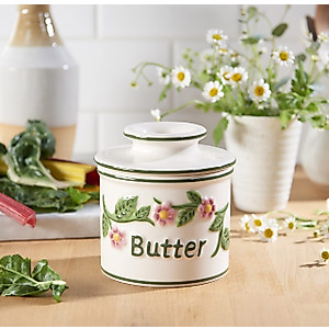 Butter Bell - The Original Butter Bell crock by L Tremain, a Countertop French Ceramic Butter Dish Keeper for Spreadable Butter, La Fleur Collection (Hand Painted Raised Floral)