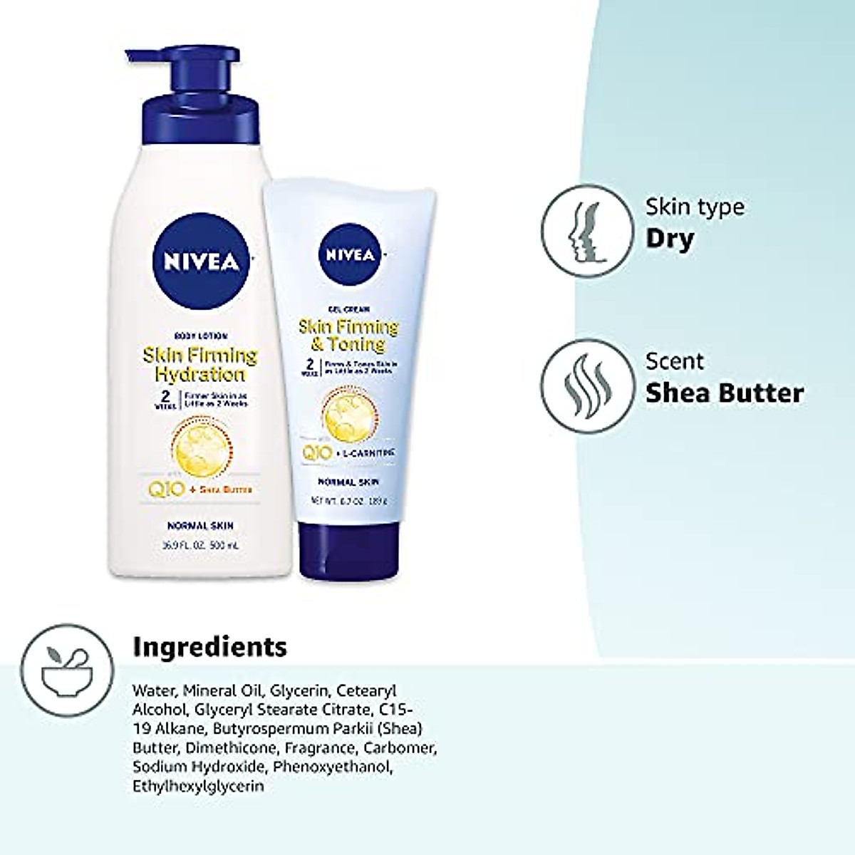 NIVEA Skin Firming Body Lotion Variety Pack with 16.9 Fl Oz Hydrating Body Lotion and 6.7 Oz Skin Firming Gel Cream
