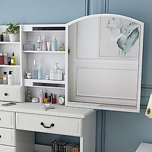 Lakifun Vanity Desk with Lighted Mirror, Makeup Vanity with Lights and Drawers,Makeup Table with Mirror, 3 Lighting Colors, Bedroom Dressing Table, White Vanity Set for Girls Women