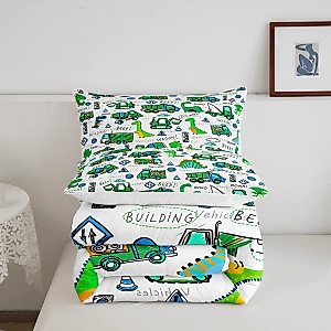 Construction Bedding Set Full Boys Cute Dinosaur Trucks Comforter Set Boys Girls Cartoon Equipment Truck Excavator Decor Comforter Dinosaurs Machinery Cars Quilt Set Green Dino Bedroom Duvet Set