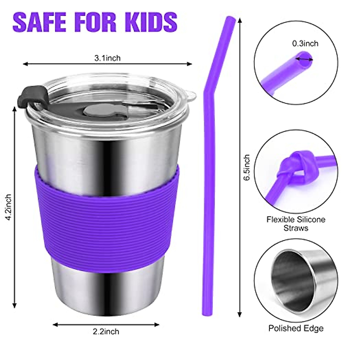 Wownnic Kids Cups with Lid and Straw- 6 Packs 12Oz Stainless Steel Cups for Kids– Leakproof Closed Buckles Kids Tumblers– Comfortable and Safe Sippy Cups- Spill Proof Toddler Cups