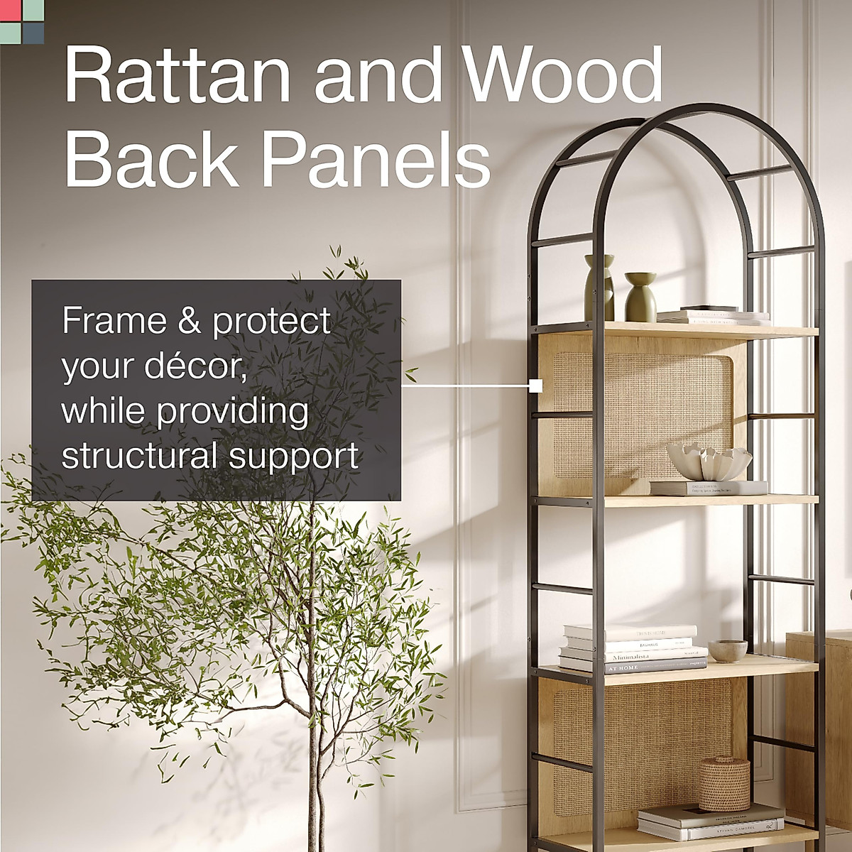 4 Tiered Arched Bookshelf with Natural Rattan Backing - Modern Home Decor - Boho Rattan Bookshelf - Arched Bookcase - Wooden Open Arched Cabinet with Shelves - Metal and Wood Bookshelf (Light Oak)