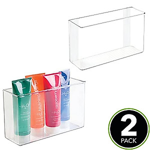 mDesign Plastic Storage Organizer Bin, Adhesive Mount for Cabinets & Walls in Bathroom, Vanity, Under Sink, Holds Body Wash, Shampoo, Lotion, Brushes, Hair Spray, Ligne Collection, 2 Pack, Clear