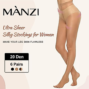 MANZI 6 Pairs Women's 20D Sheer Silky Pantyhose Run Resistant Nylon Tights High Waist Stockings with Control Top (6 Natural,M)