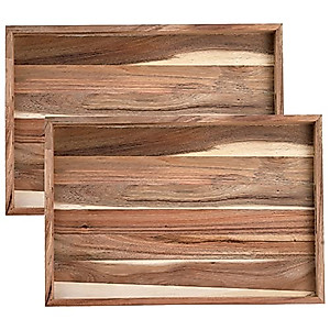 YOUEON Set of 2 Acacia Wood Serving Tray with Handles, 17x11.8x1.5 Inch Decorative Serving Trays, Ottoman Tray, Coffee Table Tray, Rectangle Wood Tray for Food, Breakfast, Lunch, Dinner, Appetizer