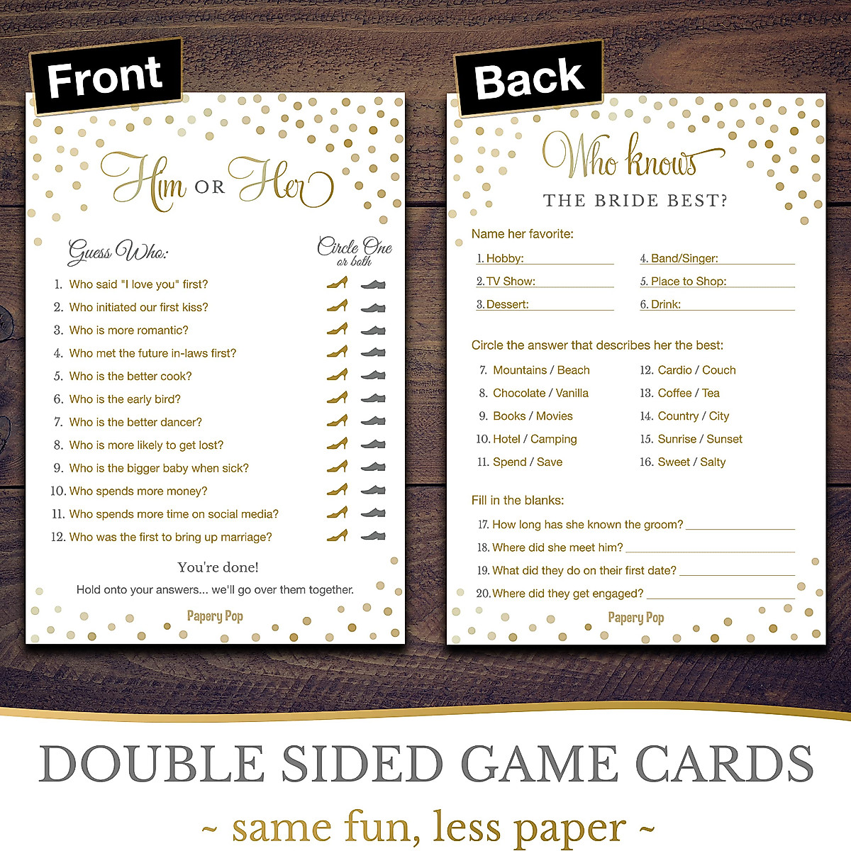 Bridal Shower Games - 5 Activities for 50 Guests - Double Sided Games - Gold Polka Dots