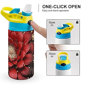 Stainless Steel Water Bottles Red Gold Flower Travel Water Cups with Handle And Silicone Straw Drinking Cup with Leak Proof Lid Thermo Travel Mug for Women Men