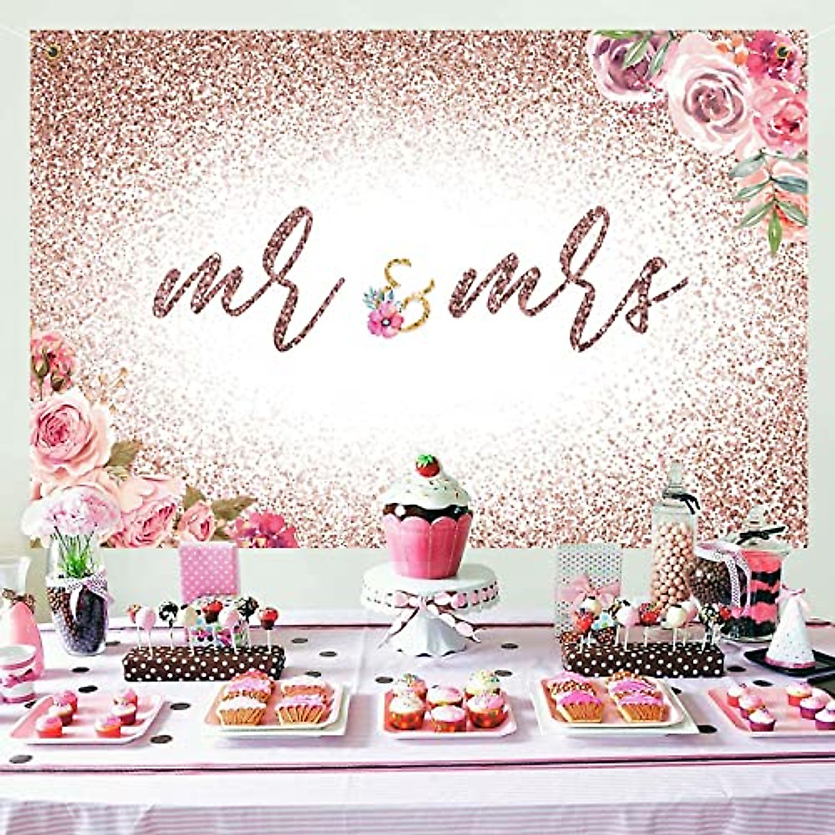 P.G Collin Mr & Mrs Floral Glitter Banner Backdrop Sign Bridal Wedding Shower Engagement Bachelorette Party Anniversary Decorations Supplies 6x4ft Rose Gold…, Rose Gold Mrs&Mrs