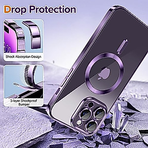 Hython Magnetic Clear Case for iPhone 14 Pro Case [Compatible with MagSafe] [Full Camera Lens Protection] Luxury Plating Edge Slim Soft TPU Cover Shockproof Protective Phone Case, Purple