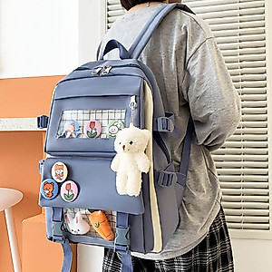 AG AGUU Backpack with Pendants and Pins Accessories 4Pcs Sets Rucksack Bag for Women(Blue)