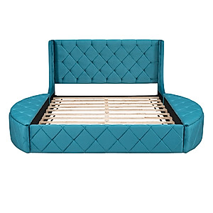 LCH Upholstered Bed,Queen Size Upholstered Platform Bed with Additional Storage Space,Velvet Bed with Wingback Headboard and 1 Big Drawer,2 Side Storage Stool for Bedroom and Guest Room,Blue