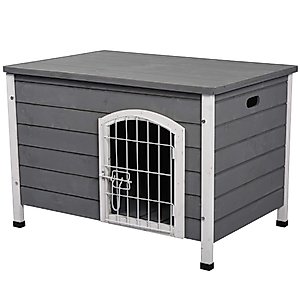 PawHut 31" L Wooden Decorative Dog Cage Kennel Wire Door with Lock Small Animal House with Openable Top Removable Bottom Grey