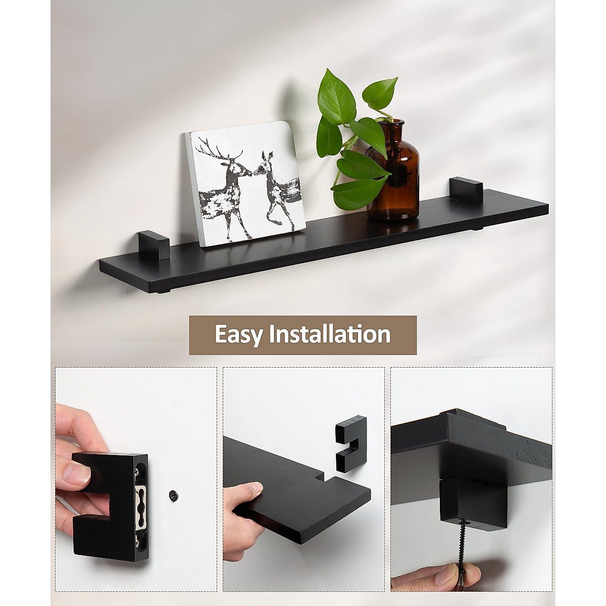 Gronda Black Floating Shelves for Wall 24 Inch Wood Floating Shelves Wall Mounted Wooden Shelf Set of 2, Modern Wall Decor Organizer for Bedroom, Kitchen, Office, Living Room