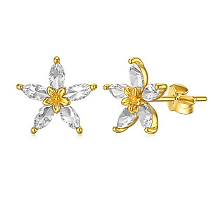 14K Real Solid Gold Crystal Flower Stud Earrings for Women Gifts for Her Screw Back Floral Sutd Earrings 8.5mm