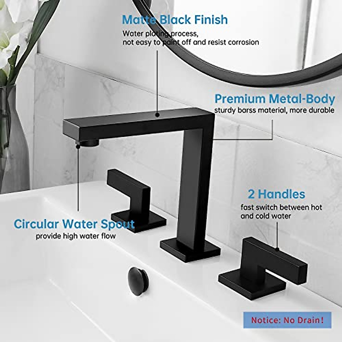 RUMOSE 8 inch Widespread Matte Black Bathroom Faucets for Sink 3 Hole Brass 2 Handle Lavatory Square Faucet Modern rv Bathroom Faucets