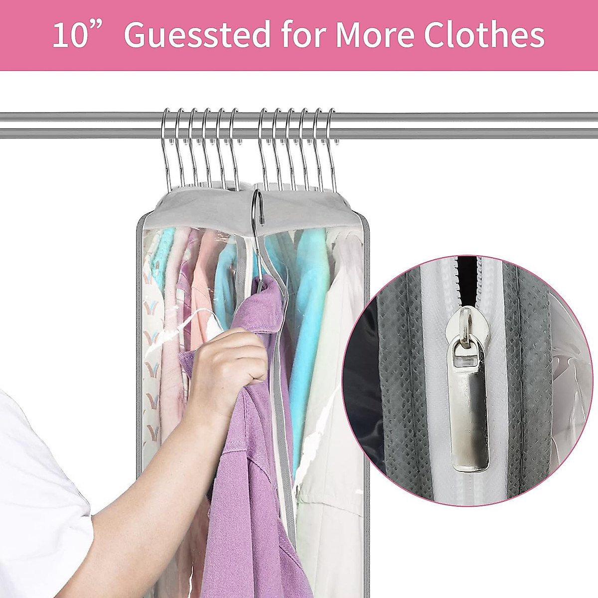 10" Gusseted All Clear Garment Bags for Hanging Clothes 4 Pack 50" Dress Bags for Closet Hanging Storage for Suit, Coats, Grey