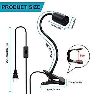 2PCS Clip Desk Lamp Holder, 9mm Flexible Aluminum Wire Neck Clip on Light, Adjustable Gooseneck E26/E27 Lamp Socket Clamp Desk Lamps, Clamp Reading Light Bulb for Reptiles Plant Grow Aquarium Light