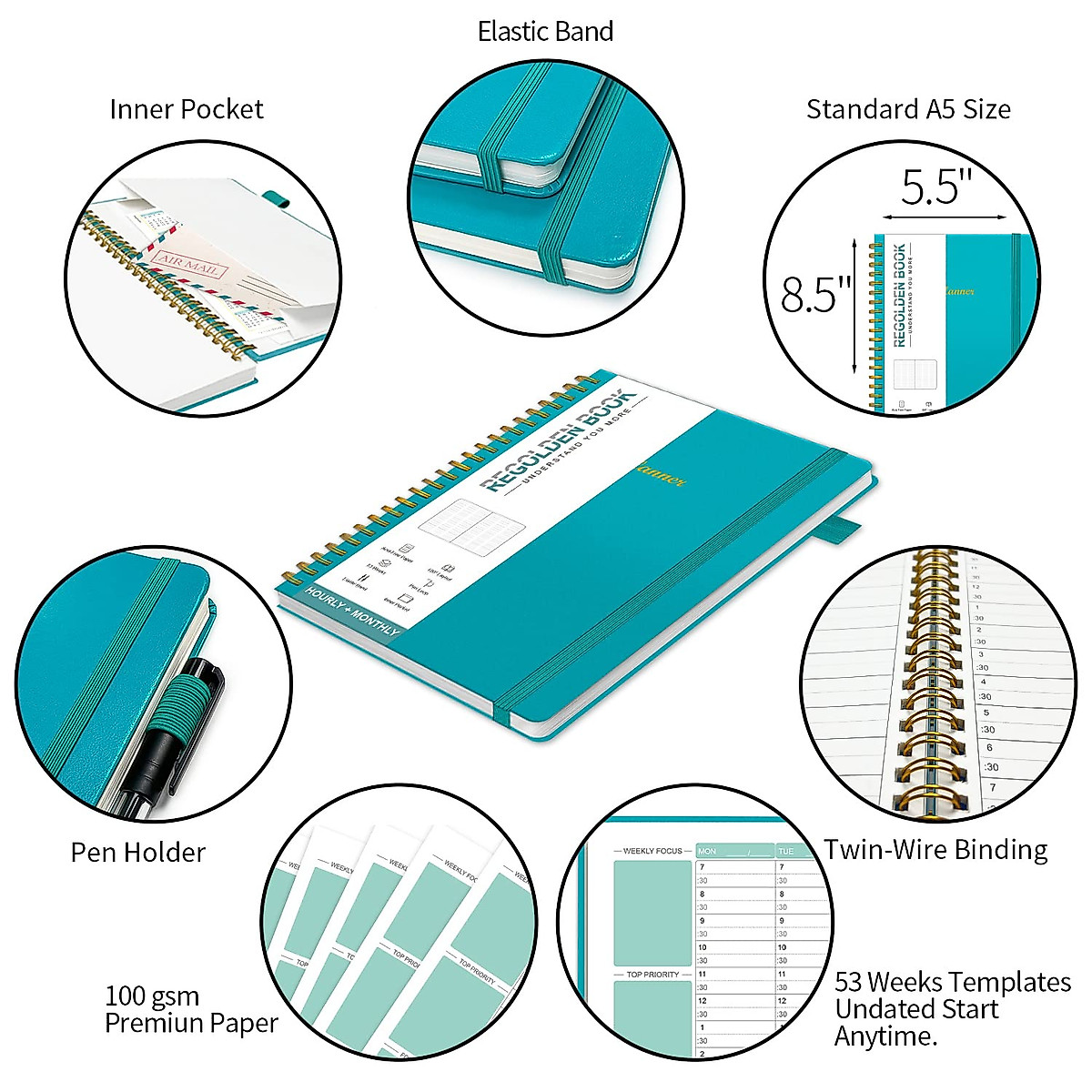 Weekly Schedule Planner Undated with Year Weekly Monthly, Hourly Appointment Book Academic Planner, 53 Weeks,12 Month Journal Notebook Productivity with TwinWire Binding Flexible Cover for School