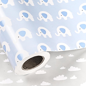 LeZakaa Reversible Baby Shower Wrapping Paper - Jumbo Roll - Elephant in Blue & Cloud in Gray for Baby Boy - 24 inches x 100 Feet (200 sq.ft.)