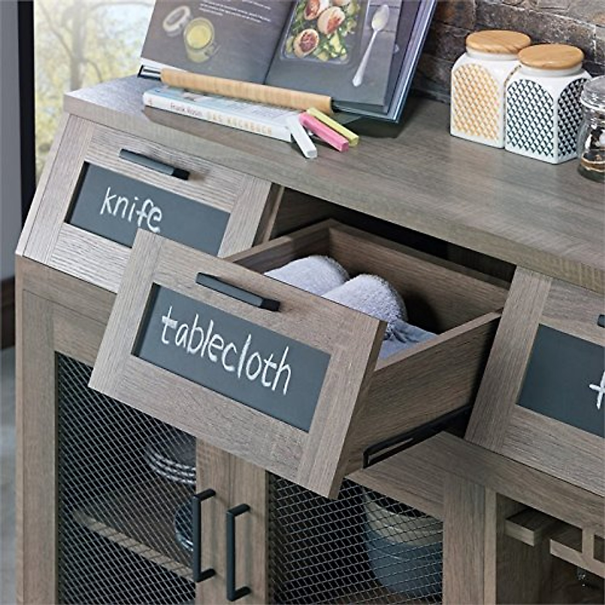 Furniture of America Tanaka Transitional 3 Top Drawers Buffet Server, Sideboard with Hanging Stemware and Cabinet for Dining Room, Kitchen, 47.2-inch, Chestnut Brown