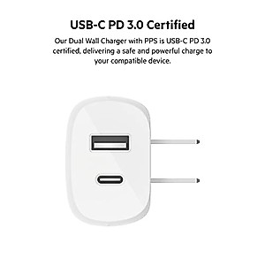 Belkin 37 Watt Wall Charger - Power Delivery 25W USB C Port + 12W USB A Port for PPS Charging Apple iPhone 14, 14 Pro, 14 Pro Max, 13 Pro, 13 Pro Max, Galaxy S21 Ultra & More - USB-C Charger