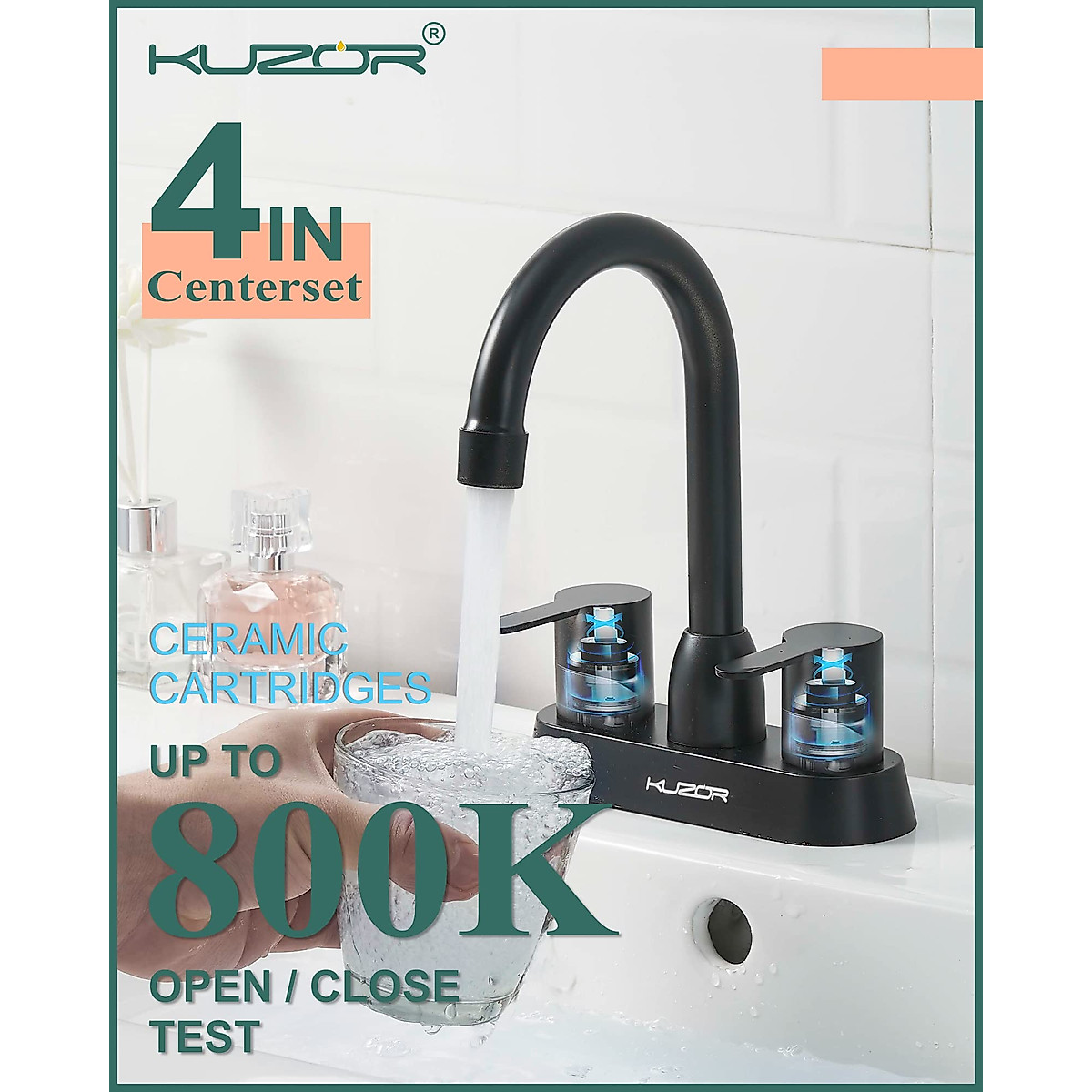 KUZOR Centerset Bathroom Faucets 2 Handle 3 Hole Bathroom Sink Faucet Matte Black Bathroom Faucet 4 Inch Swivel Spout with Pop Up Drain and Water Supply Hoses
