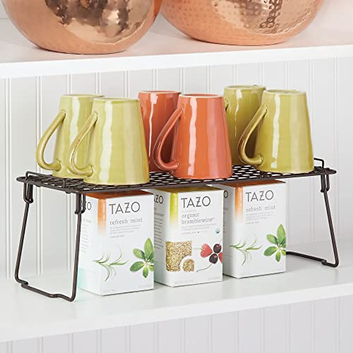 mDesign Metal Stackable Storage Shelf - 2 Tier Raised Food and Kitchen Organizer for Cabinets, Pantry Shelves, Countertops, Closet, 2 Pack, 7" x 17.3" x 6.5" - Bronze