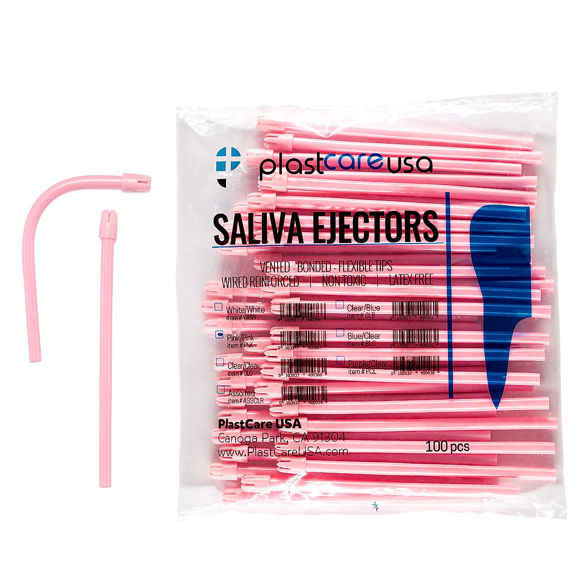 1000 Dental Saliva Ejectors Disposable - Medical Grade Latex Free Evacuation Suction Tips - Flexible Pink Tube with Pink Tip (10 Bags of 100) by PlastCare USA