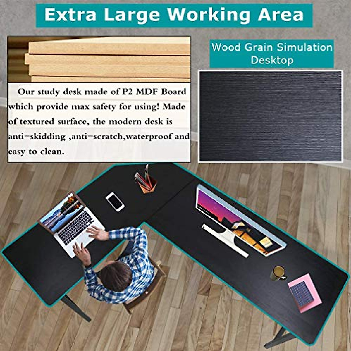 Computer Desk Modern L Shaped Desk, L Corner Desk Gaming Desk PC Laptop Study Wood Table Workstation,Home Office Save Space Study Writing Table with CPU Stand and 15mm MDF,66 Inch,Wood & Metal (Black)