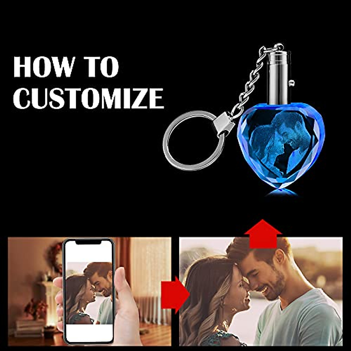 Aolun Custom Crystal Keychain Picture,Personalized Engraved Keyring with LED Light