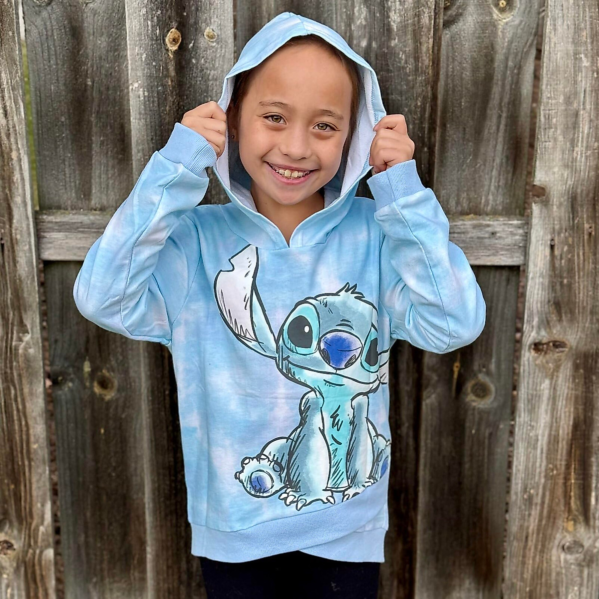 Disney Lilo & Stitch Little Girls French Terry Pullover Crossover Hoodie Tie Dye Blue 7-8