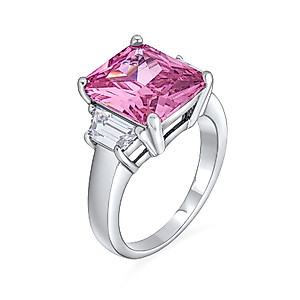 Art Deco Style .925 Sterling Silver 8CTW Pink AAA CZ Rectangle Emerald Cut Cocktail Statement Engagement Ring For Women Cubic Zirconia Baguette Side Stones