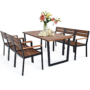 Tangkula 7 Pieces Patented Wood Patio Dining Set with Umbrella Hole, 6 Heavy Duty Acacia Armrest Chairs and Rectangle Table Set, Suitable for Deck Lawn Garden Poolside and Backyard