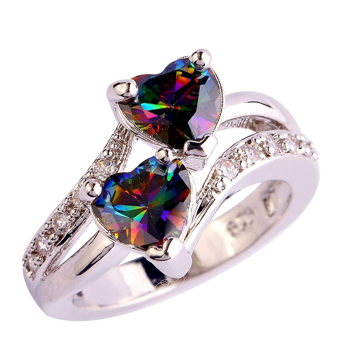 Empsoul 925 Silver Plated Heart Shaped Ring Classic Rainbow Topaz Double Heart Proposal Wedding Engagement Ring for Women Size 8