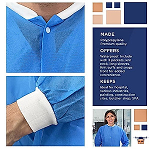 EZGOODZ Blue Disposable Lab Coats for Adults, Large. Pack of 10 SMS Disposable Coats Medical with Snaps, Knit Cuffs, Collar, 3 Pockets. Waterproof and Breathable 40 GSM Painting Lab Coats