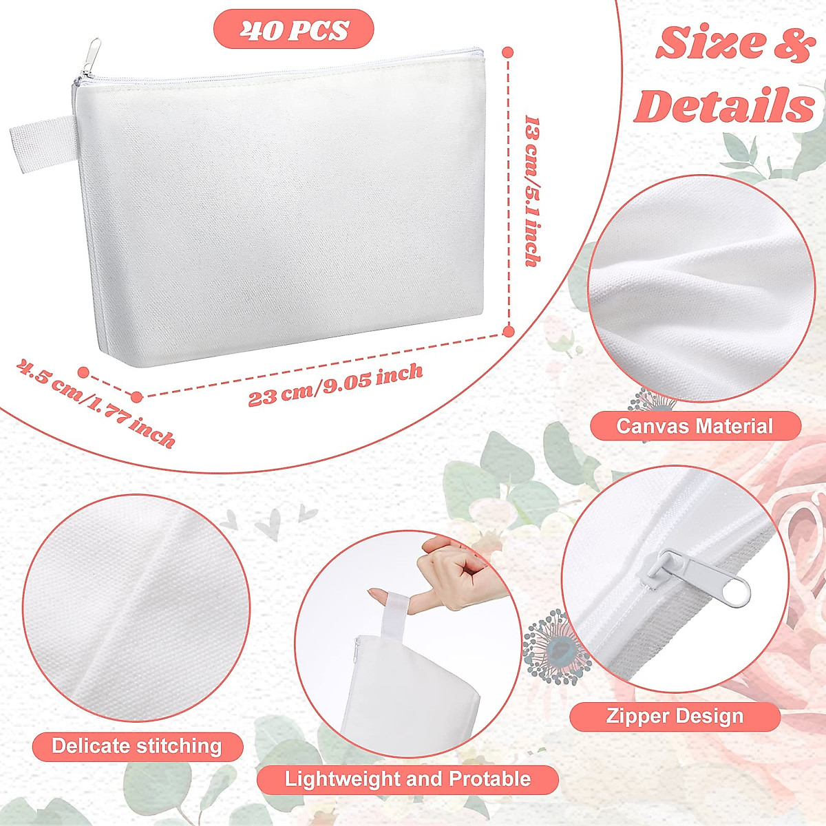 40 Pcs Blank Canvas Bag Sublimation Cosmetic Canvas Pouch (5 x 9 x 1.8 Inches)