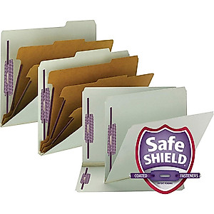 Smead 100% Recycled End Tab Pressboard Classification File Folder with SafeSHIELD Fasteners, 2 Dividers, 2" Expansion, Legal Size, Gray/Green, 10 per Box (29810)