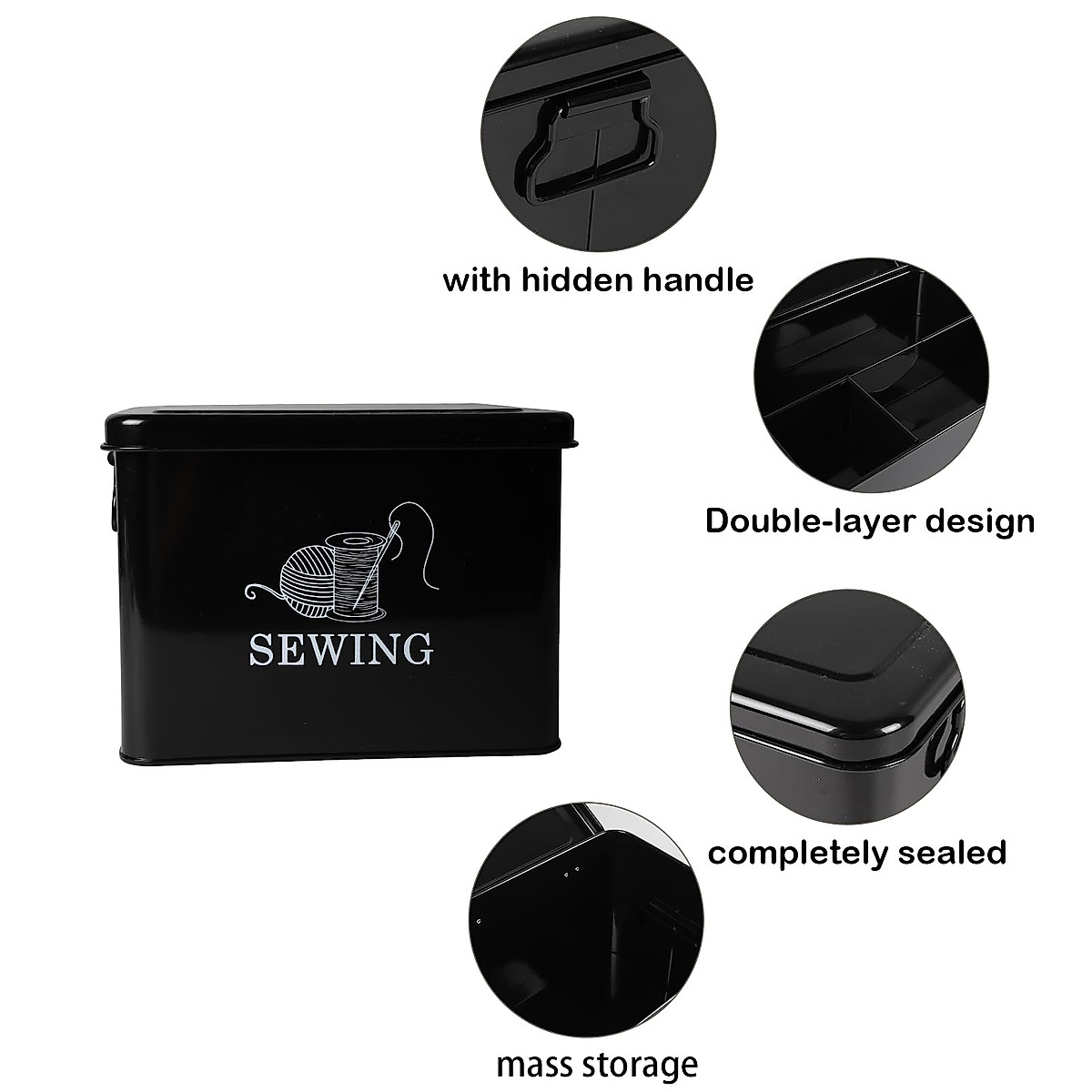 Xbopetda Metal Sewing Box, Sewing Kit Storage Box, 2-Tier Sewing Basket with Removable Tray, Sewing Supplies Organizer, Sewing Storage Box for Sewing Accessories, Scissor, Thread, Pins, Clips (Black)
