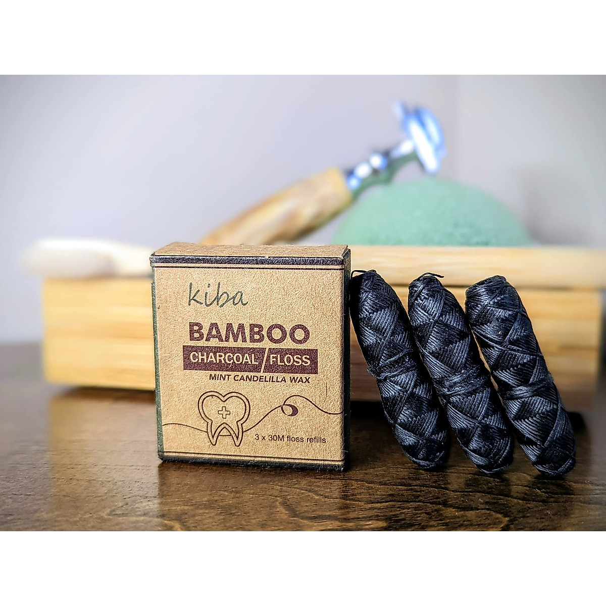 Kiba Bamboo Charcoal Floss 3 Piece Refill Set (3 x 30M Dental Floss Refills) - Eco Friendly Floss w/Candelilla Wax - Mint - Vegan