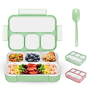 Bento Lunch Box for Kids, 4 Compartment Kids Lunch Box Leak Proof, Cute Bento Snack Box for Adults and Kids With Utensils, Lunch Containers BPA-Free, Microwave Bento Box (Green)