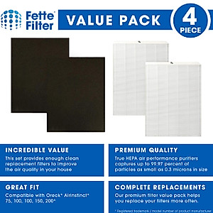 Fette Filter - Premium True Hepa H13 Filters Compatible with Oreck Airinstinct 75, 100, 108, 150, 200 Air Purifers 2 True HEPA & 2 Activated Carbon Replacement Filters.